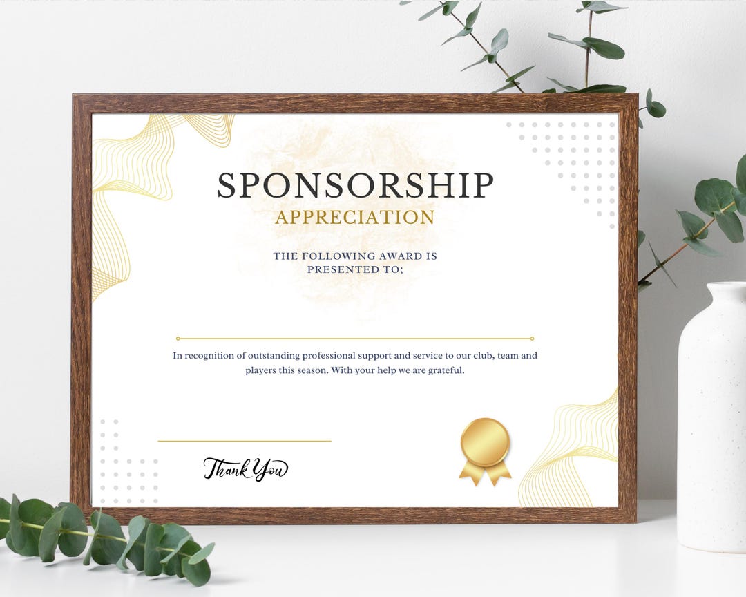 Sponsorship Appreciation Certificate Template Instant Download, High ...