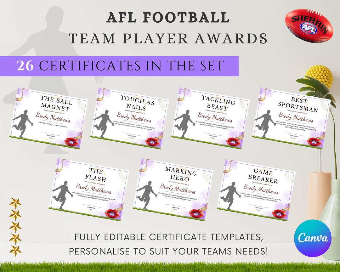 AFL Football Certificate Templates - Aussie Rules, Instant Download ...