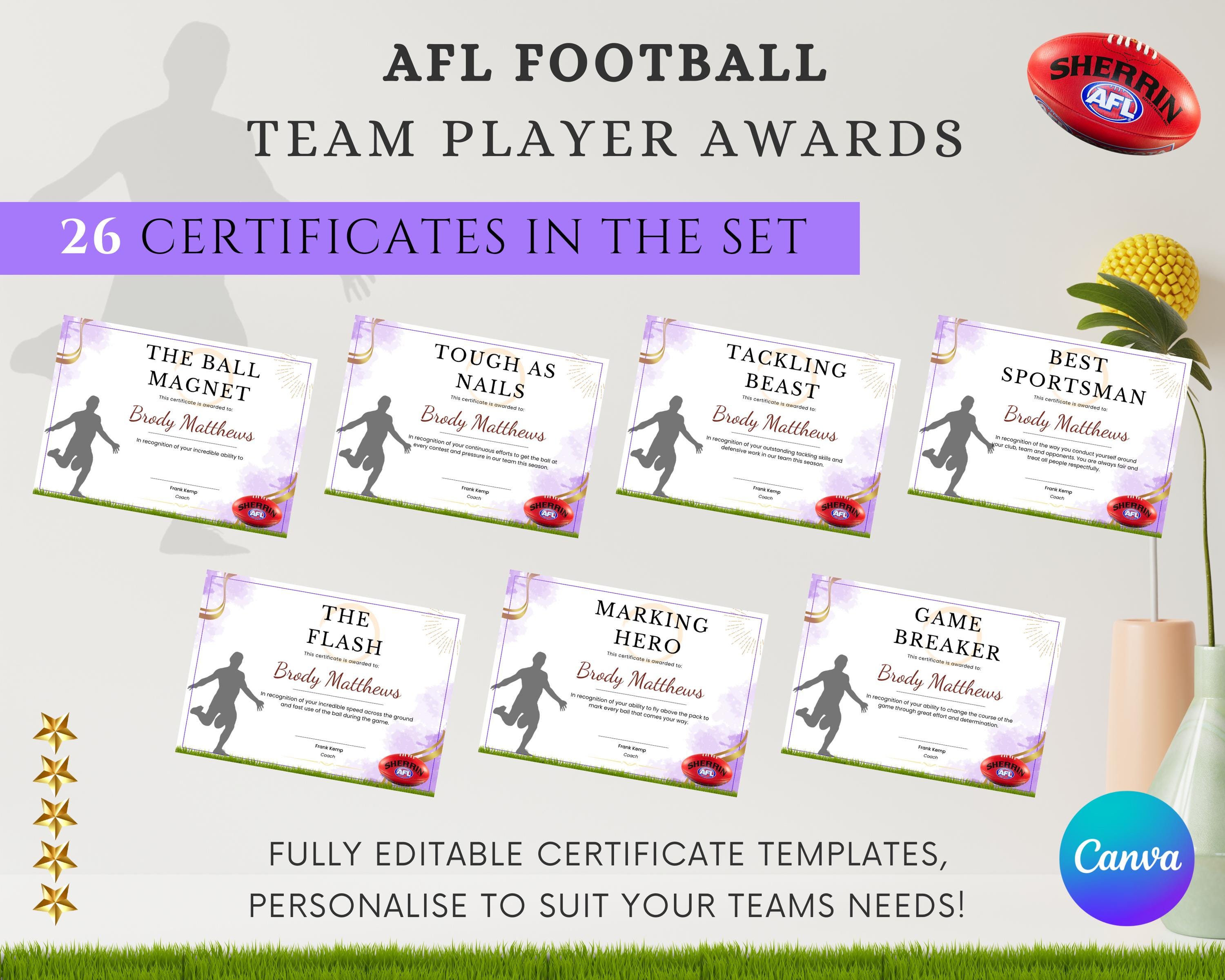 AFL Football Certificate Templates - Aussie Rules, Instant Download ...