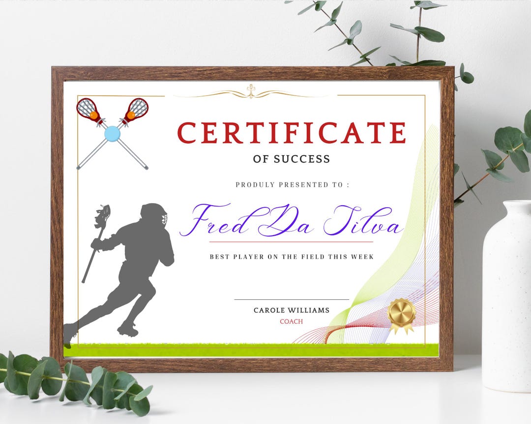 Lacrosse Player Certificate Template Personalise, Instant Download ...