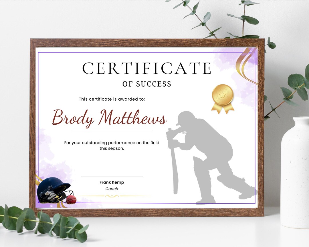 Cricket Player Certificate Template, High Quality, Fully Customisable ...