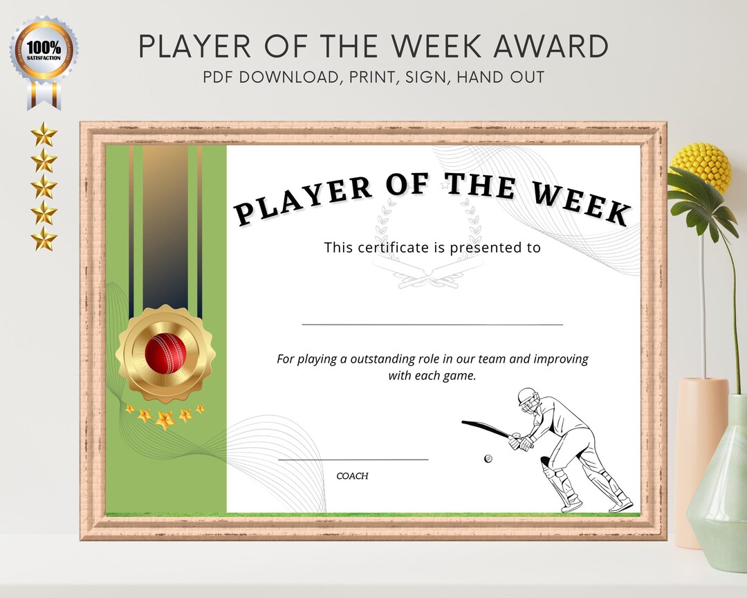 Cricket Player of the Week Award Certificate (PDF) - Etsy