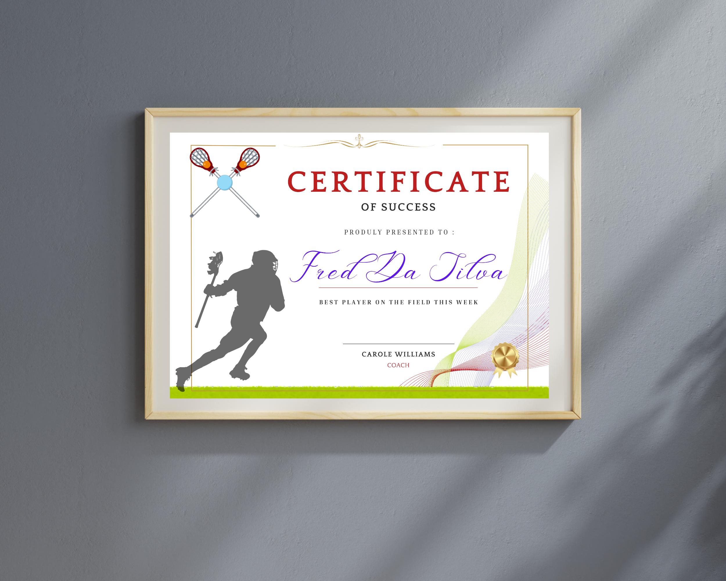 Lacrosse Player Certificate Template - Personalise, Instant Download ...