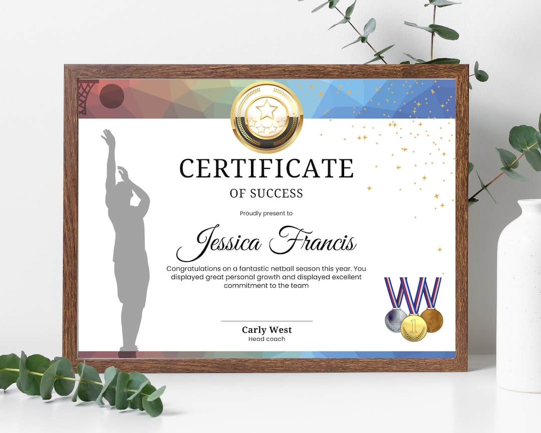 Netball Player Certificate Template - Editable, High Quality ...