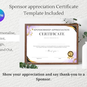 Sponsorship Appreciation Certificate Template - Instant Download, High ...