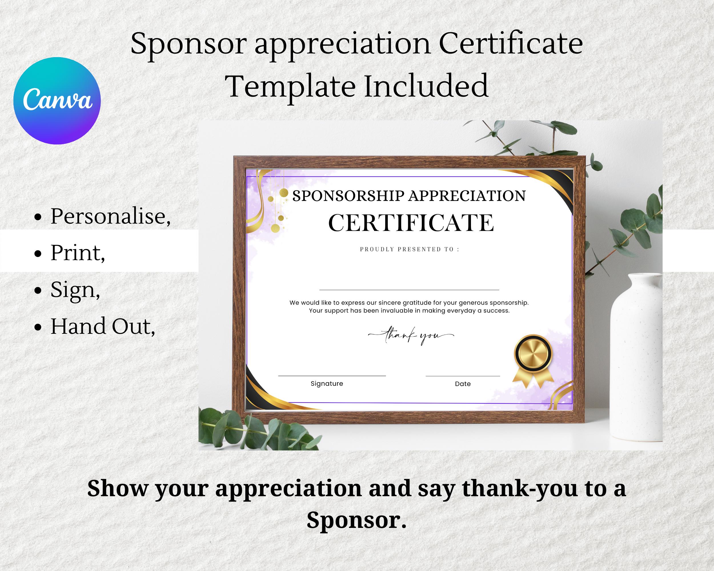 Sponsorship Appreciation Certificate Template - Instant Download, High ...