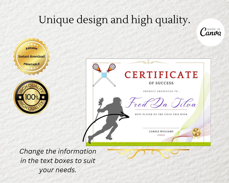 Lacrosse Player Certificate Template - Personalise, Instant Download ...
