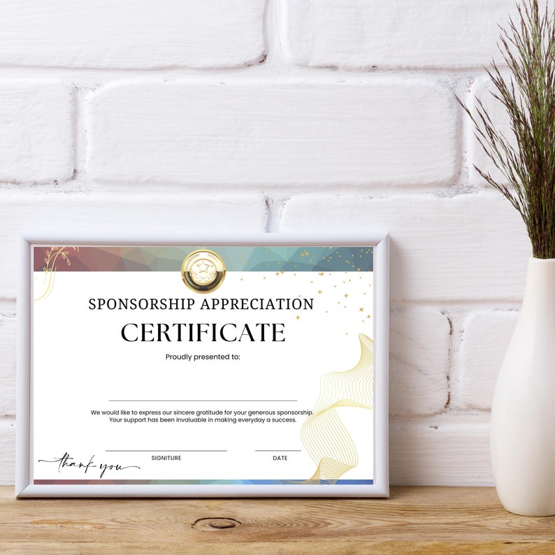 Sponsorship Appreciation Certificate Template - Instant Download, High ...