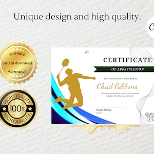 Badminton Certificate Template Instant Download, High Quality, Fully Customisable Design to ...