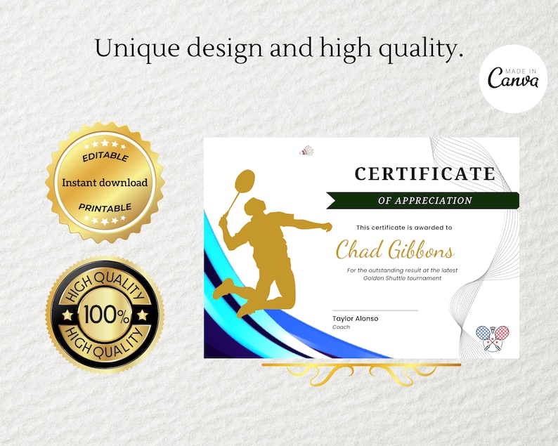 Badminton Certificate Template Instant Download, High Quality, Fully Customisable Design to ...