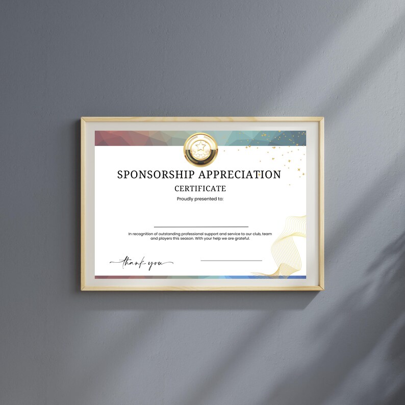 Sponsorship Appreciation Certificate Template Instant Download, High ...
