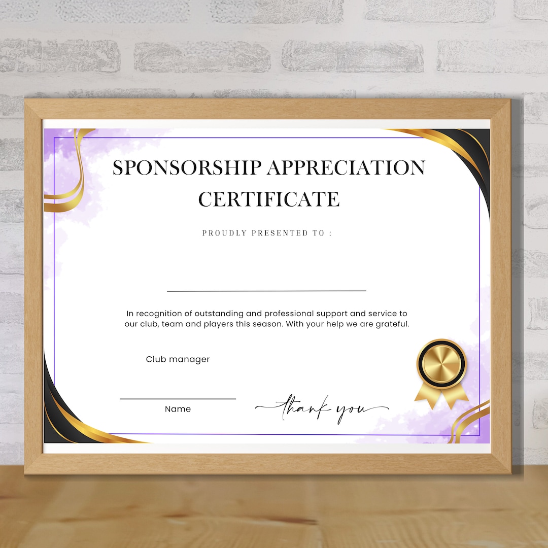 Sponsorship Appreciation Certificate Template Instant Download, High ...