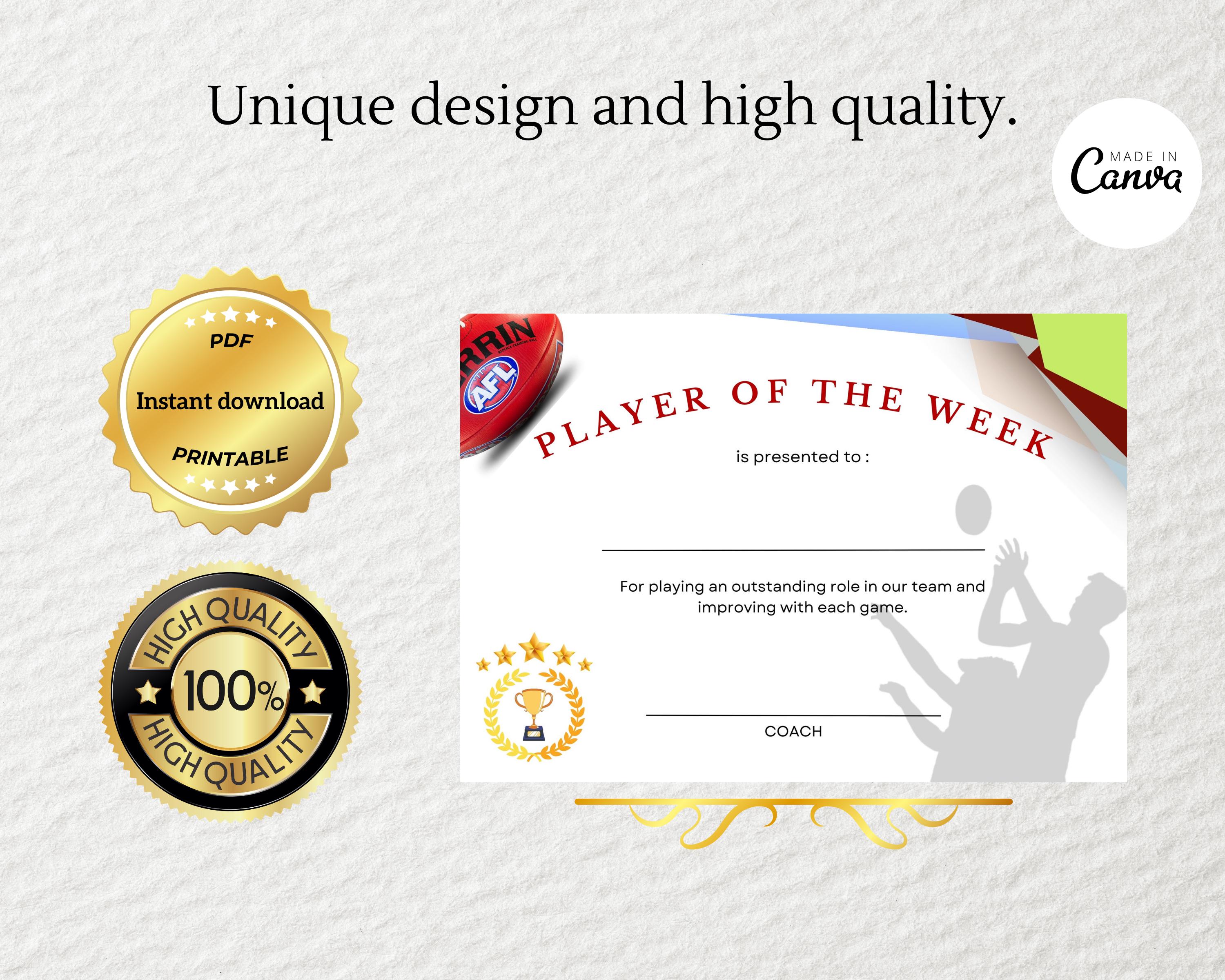 AFL Player of the Week, Award Certificate - PDF Ready to Print, High ...