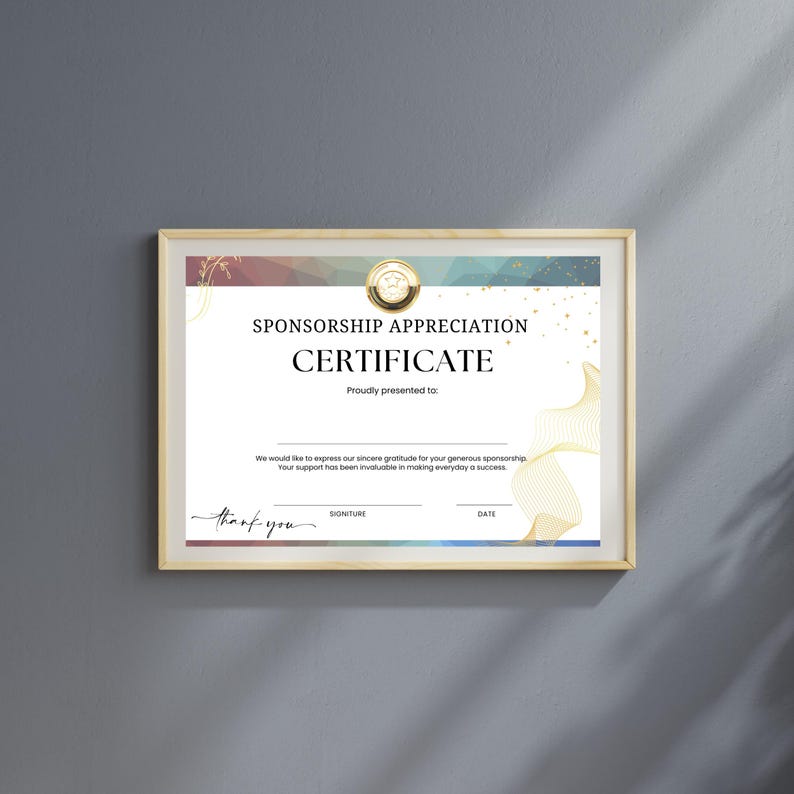 Sponsorship Appreciation Certificate Template - Instant Download, High ...