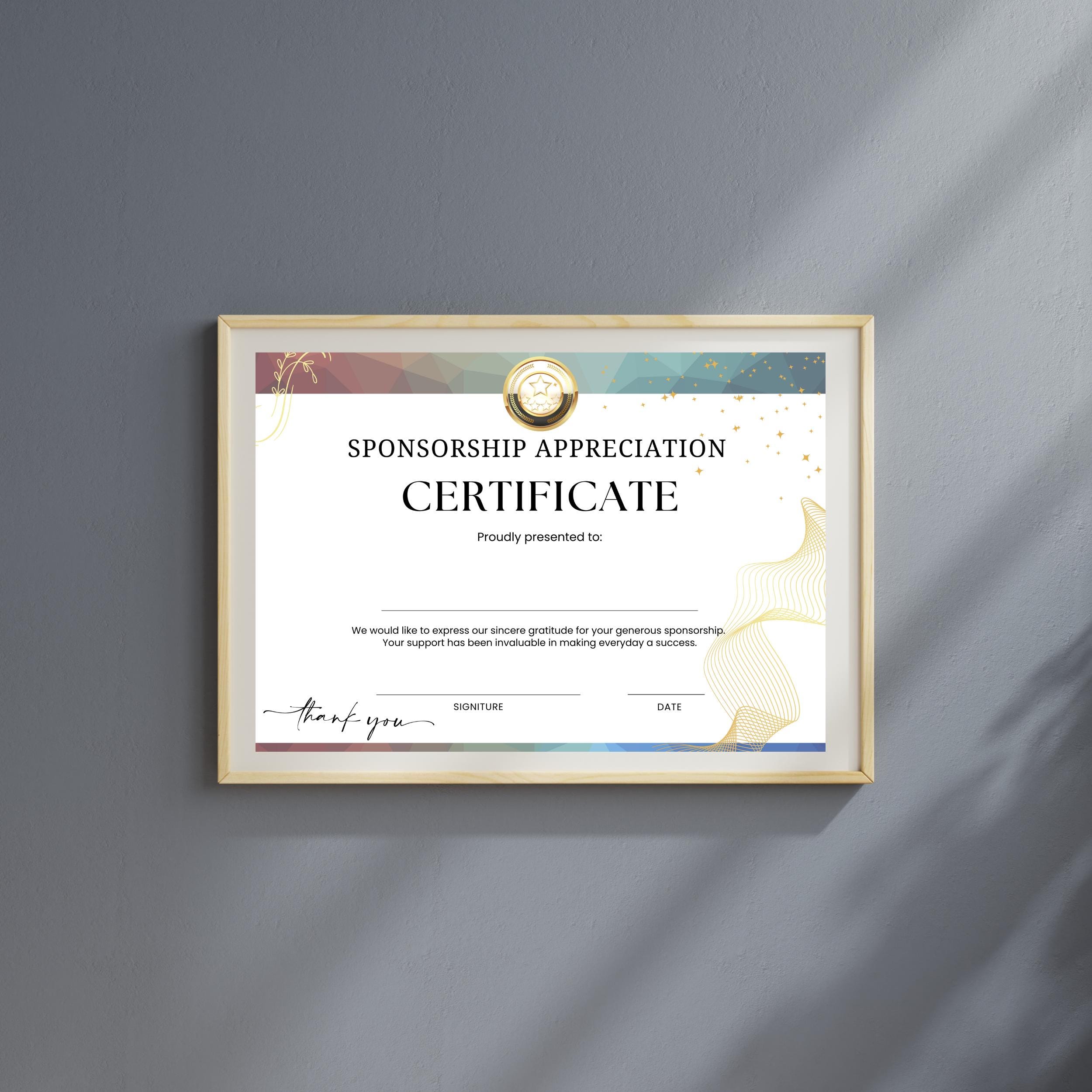 Sponsorship Appreciation Certificate Template - Instant Download, High ...