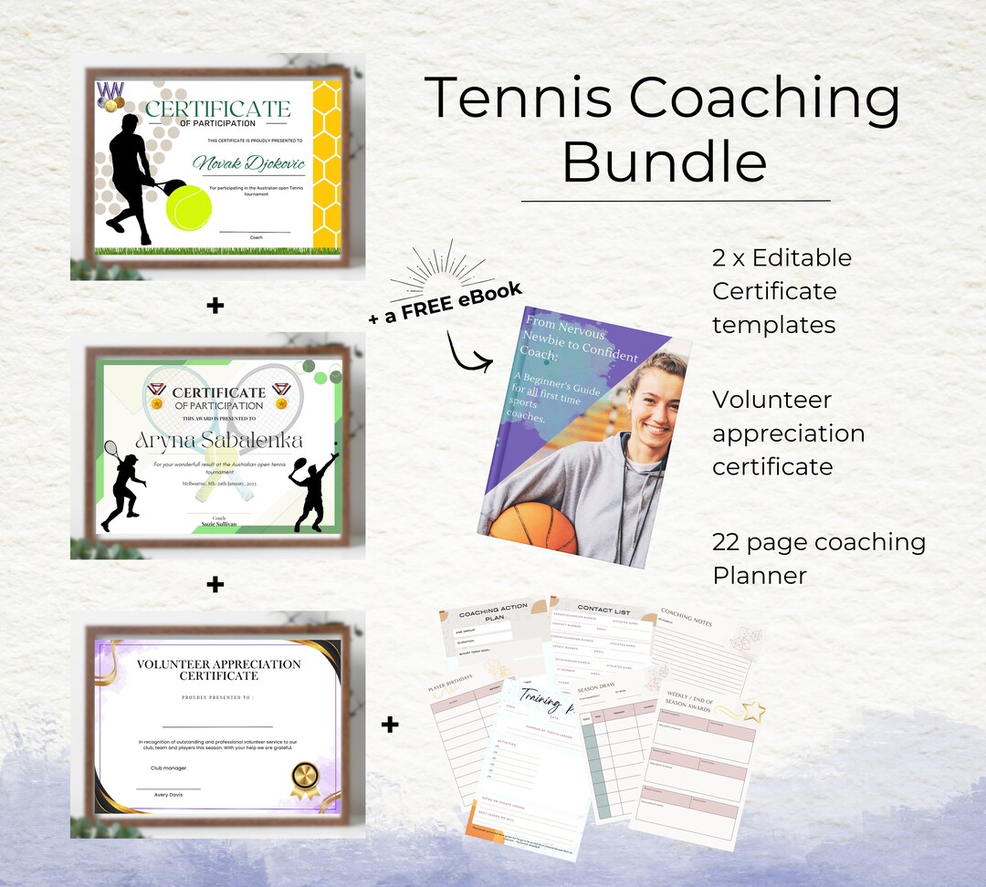 Tennis Player Certificate Templates, Tennis Coaching Planner, Volunteer ...