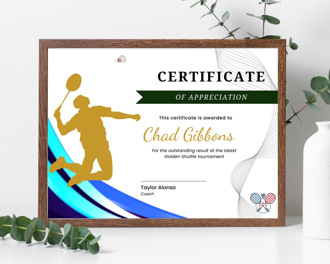 Badminton Certificate Template Instant Download, High Quality, Fully Customisable Design to ...