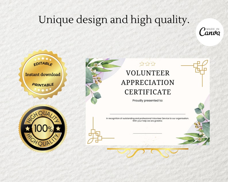 Volunteer Thank You Gift, Recognition Certificate Template - High ...