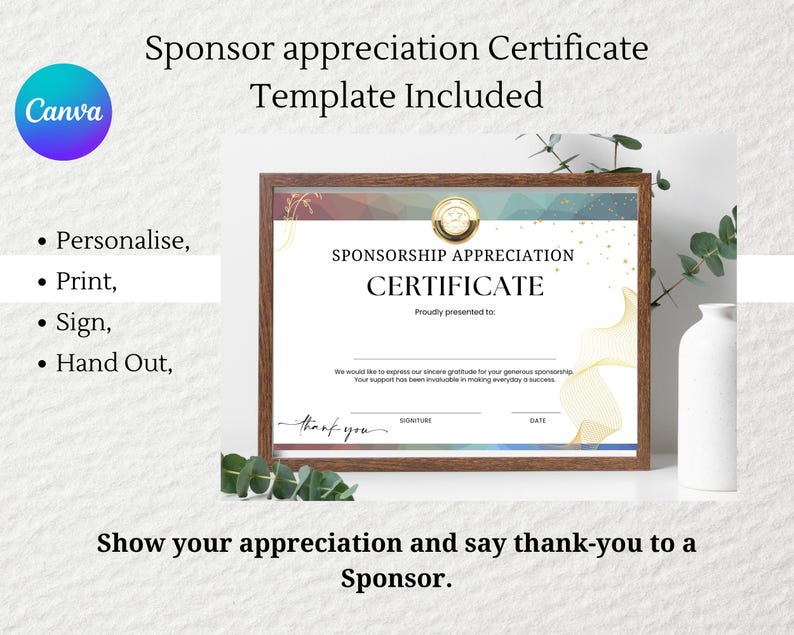 Sponsorship Appreciation Certificate Template - Instant Download, High ...