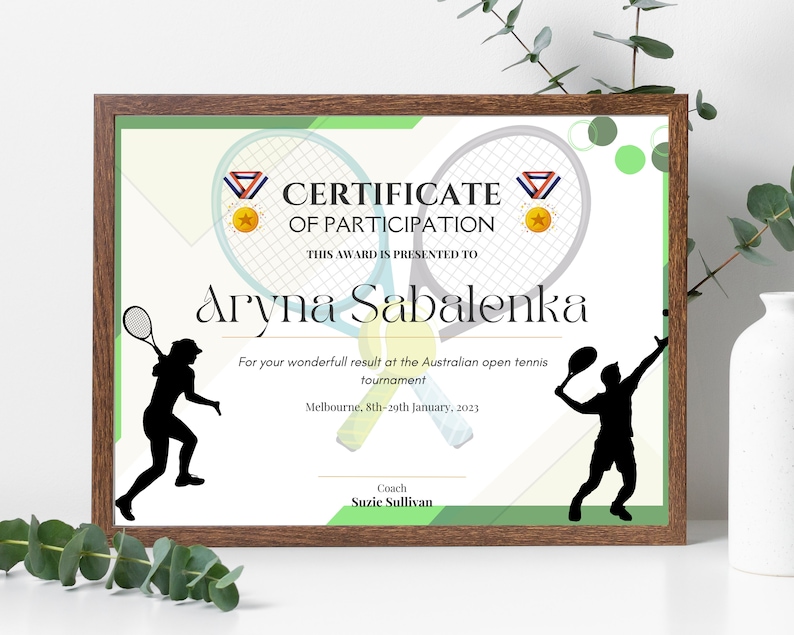 Tennis Player Award Certificate Template - Instant Download, High ...