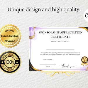 Sponsorship Appreciation Certificate Template Instant Download, High ...
