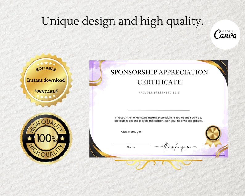 Sponsorship Appreciation Certificate Template Instant Download, High ...