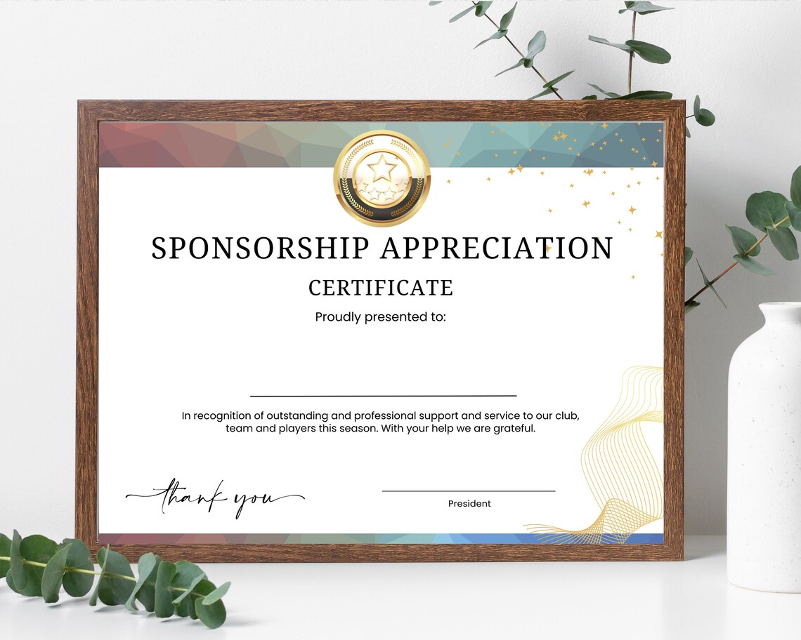 Sponsorship Appreciation Certificate Template Instant Download, High ...