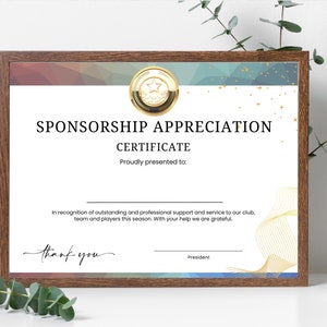 Sponsorship Appreciation Certificate Template Instant Download, High ...