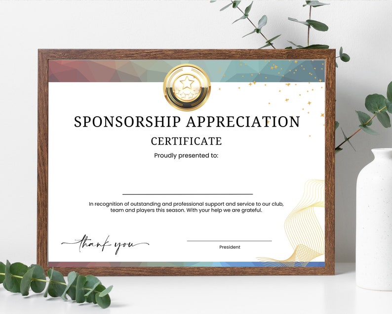Sponsorship Appreciation Certificate Template Instant Download, High ...
