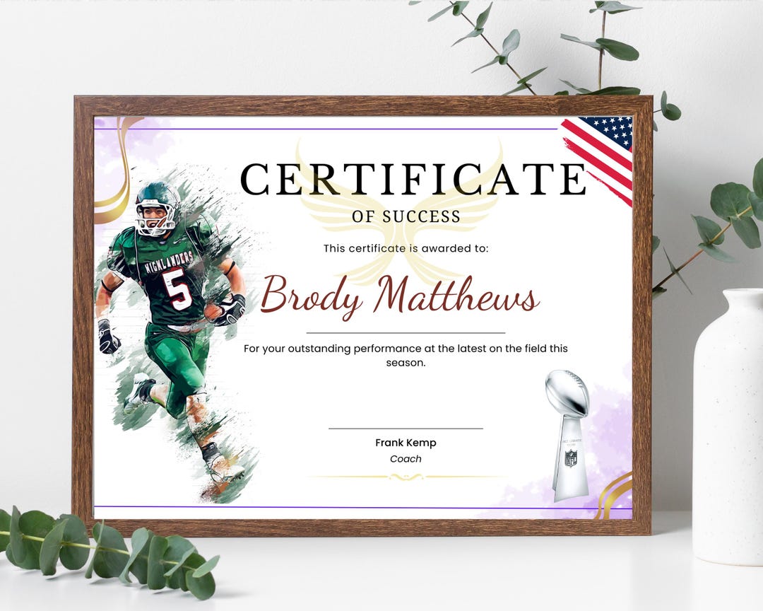 NFL Player Certificate Award Template - Personalise, High Quality ...