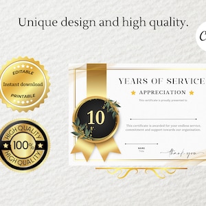 Editable Years of Service Certificate Template, Work Recognition ...
