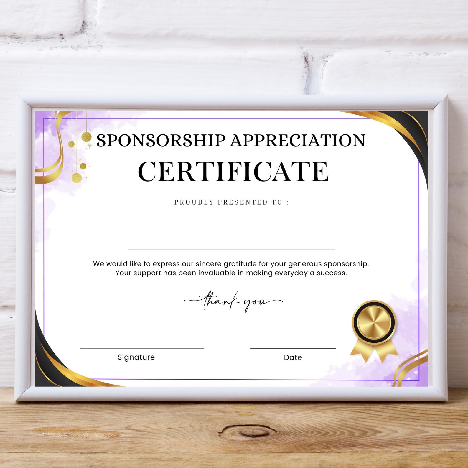 Sponsorship Appreciation Certificate Template - Instant Download, High ...