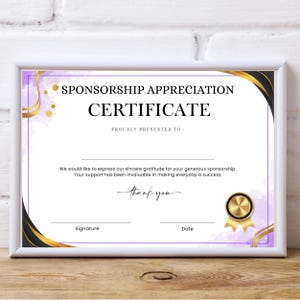Sponsorship Appreciation Certificate Template - Instant Download, High ...