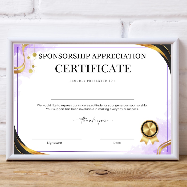 Sponsorship Appreciation Certificate Template - Instant Download, High ...