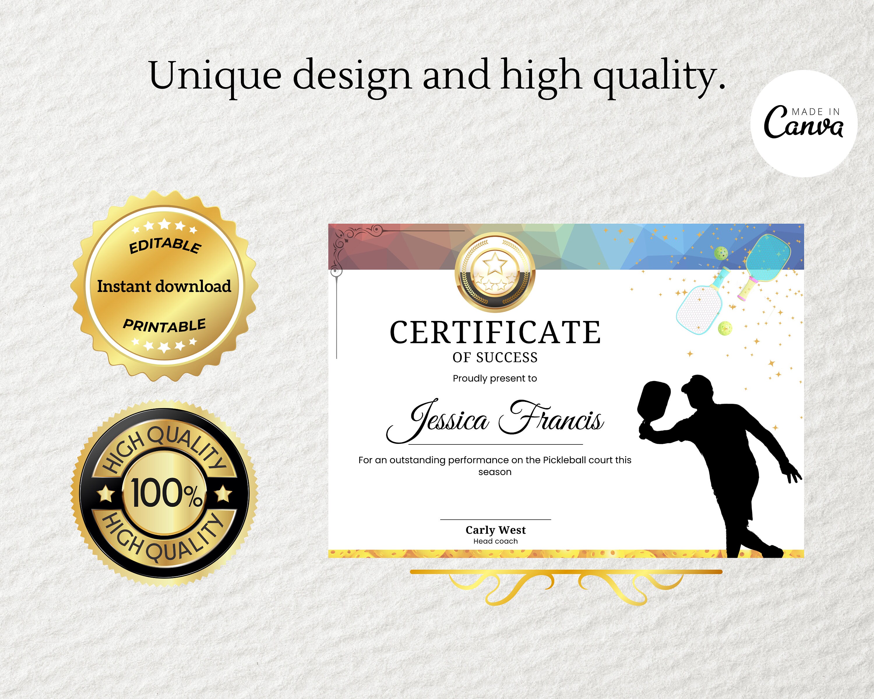 Pickleball Player Certificate Award Template Personalise, High Quality ...