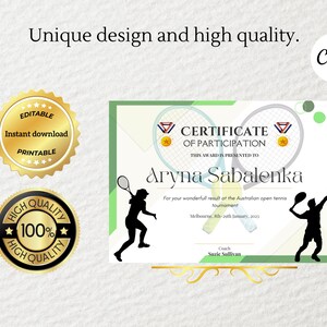Tennis Player Award Certificate Template - Instant Download, High ...