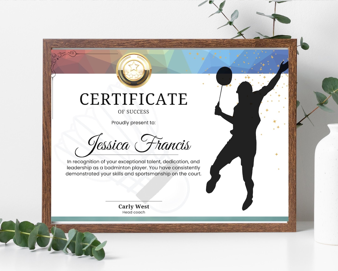 Badminton Certificate Template Instant Download, High Quality, Fully Customisable Design to ...
