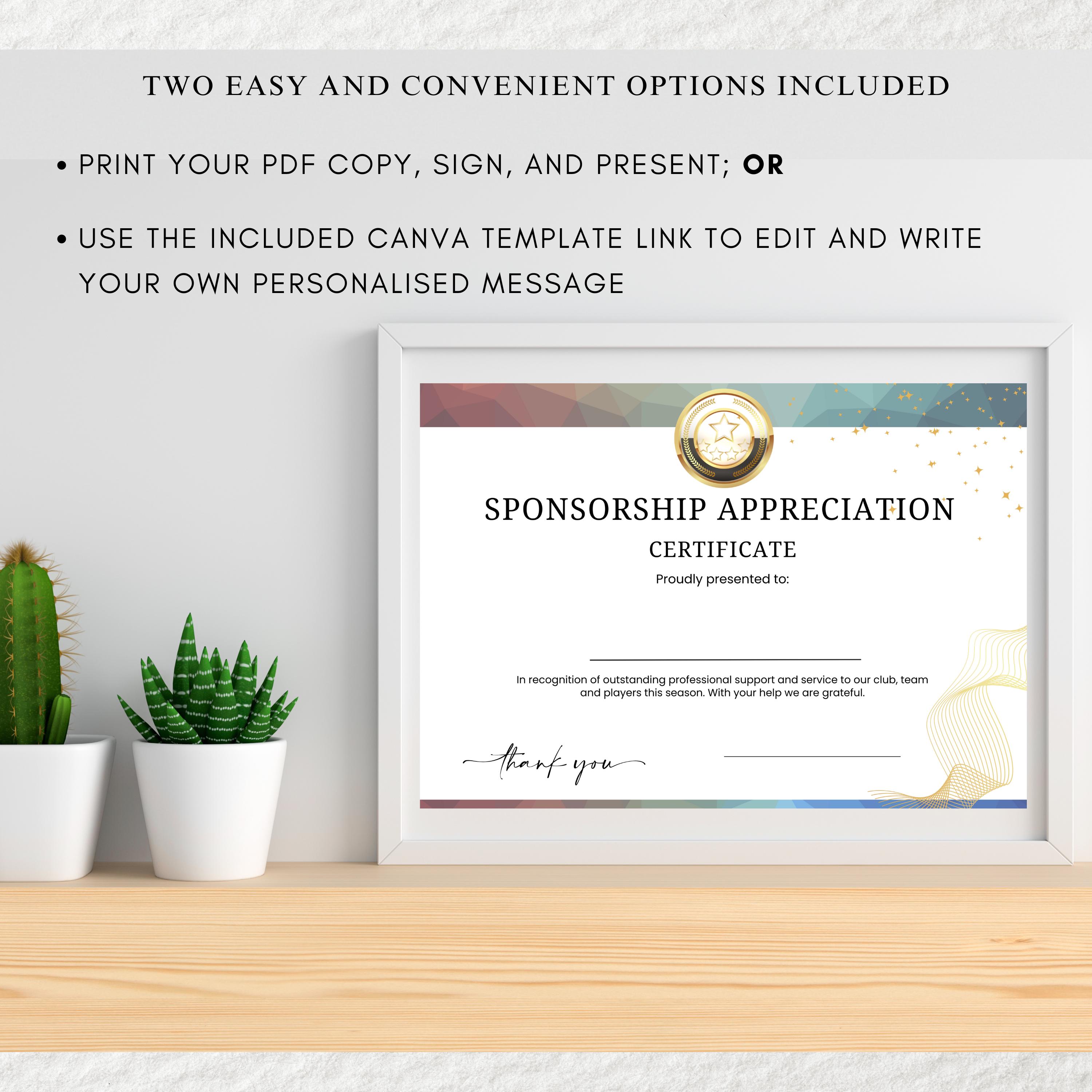 Sponsorship Appreciation Certificate Template Instant Download, High ...