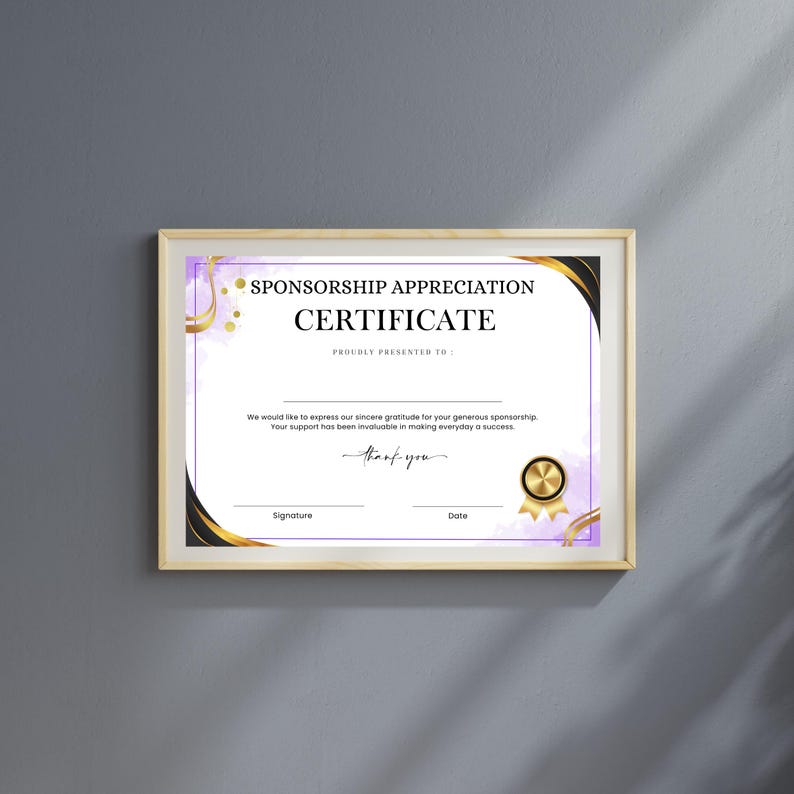Sponsorship Appreciation Certificate Template - Instant Download, High ...