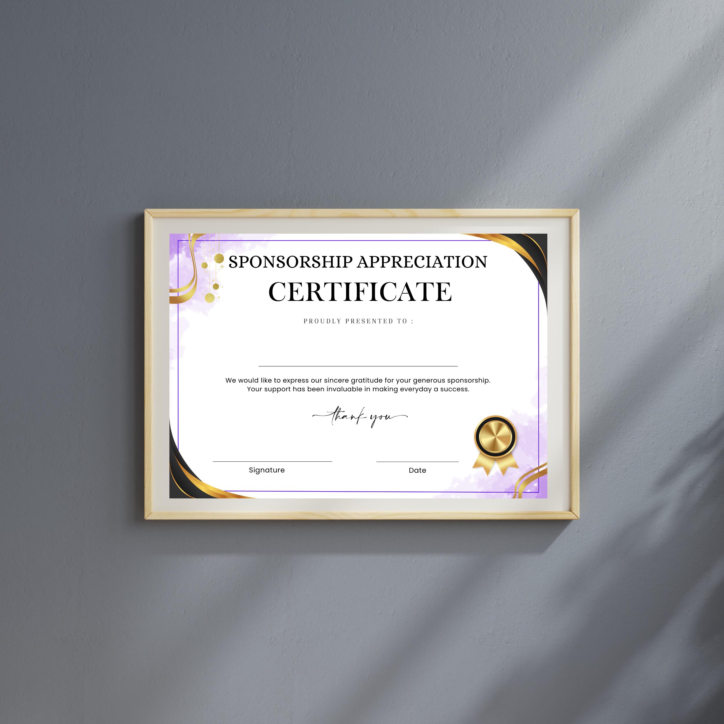 Sponsorship Appreciation Certificate Template - Instant Download, High ...