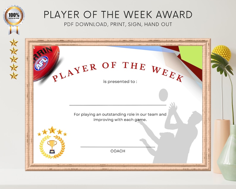 AFL Player of the Week, Award Certificate - PDF Ready to Print, High ...