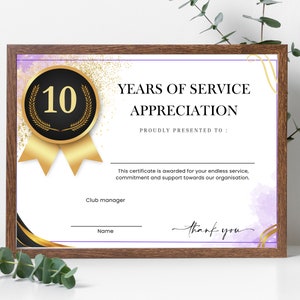 Years of Service Award Recognition Certificate, Appreciation, Happy ...