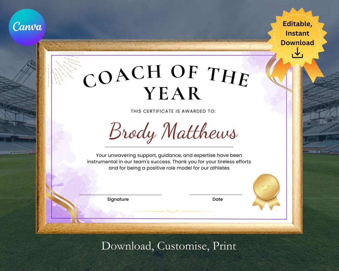 Coach of the Year Award Certificate, Editable Certificate Template ...
