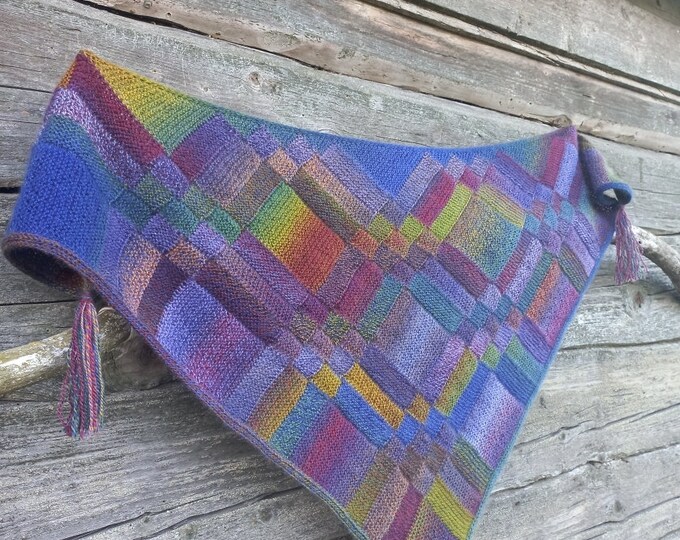 Hand Knitted Entrelac Shawl,hand Knitted Art Triangle Shawl,wearable Art Wrap,hand Knit Shawl in ...