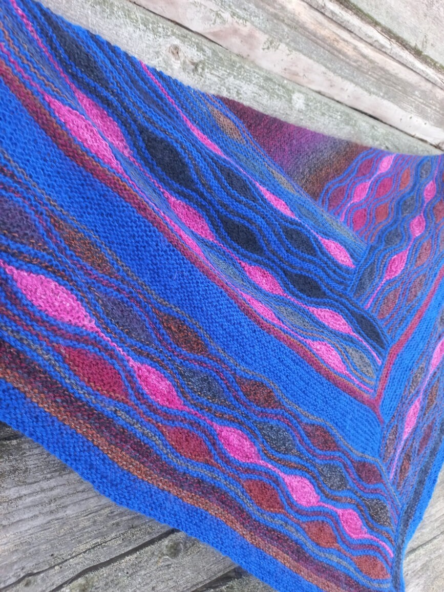 Hand Knitted Blue Triangle Shawl With Colored Leaves,hand Knit Art ...