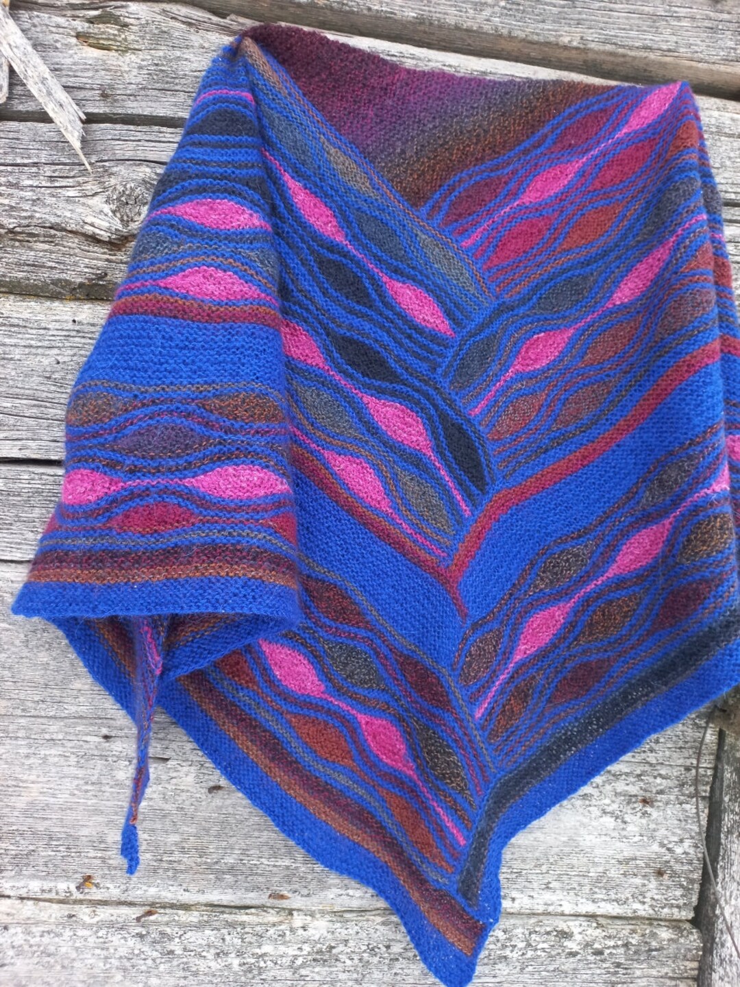 Hand Knitted Blue Triangle Shawl With Colored Leaves,hand Knit Art ...