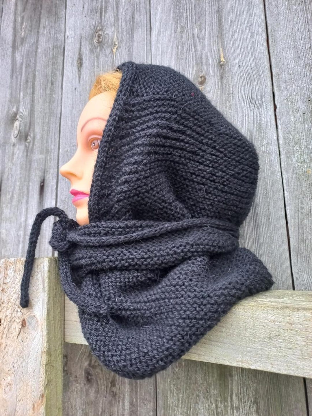 Knitted Black Hoodie Scarf,hand Knitted Scarf With Hood,black Oversized ...