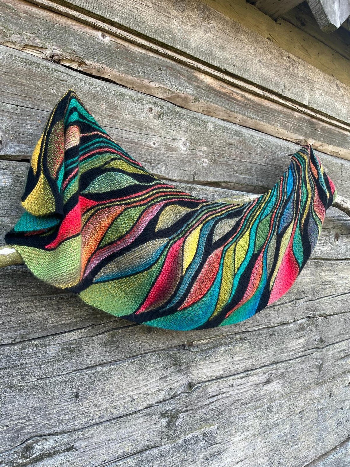 Hand Knit Bright Shawl,knit Art Shawl,art Crescent Shawl,women's Art ...