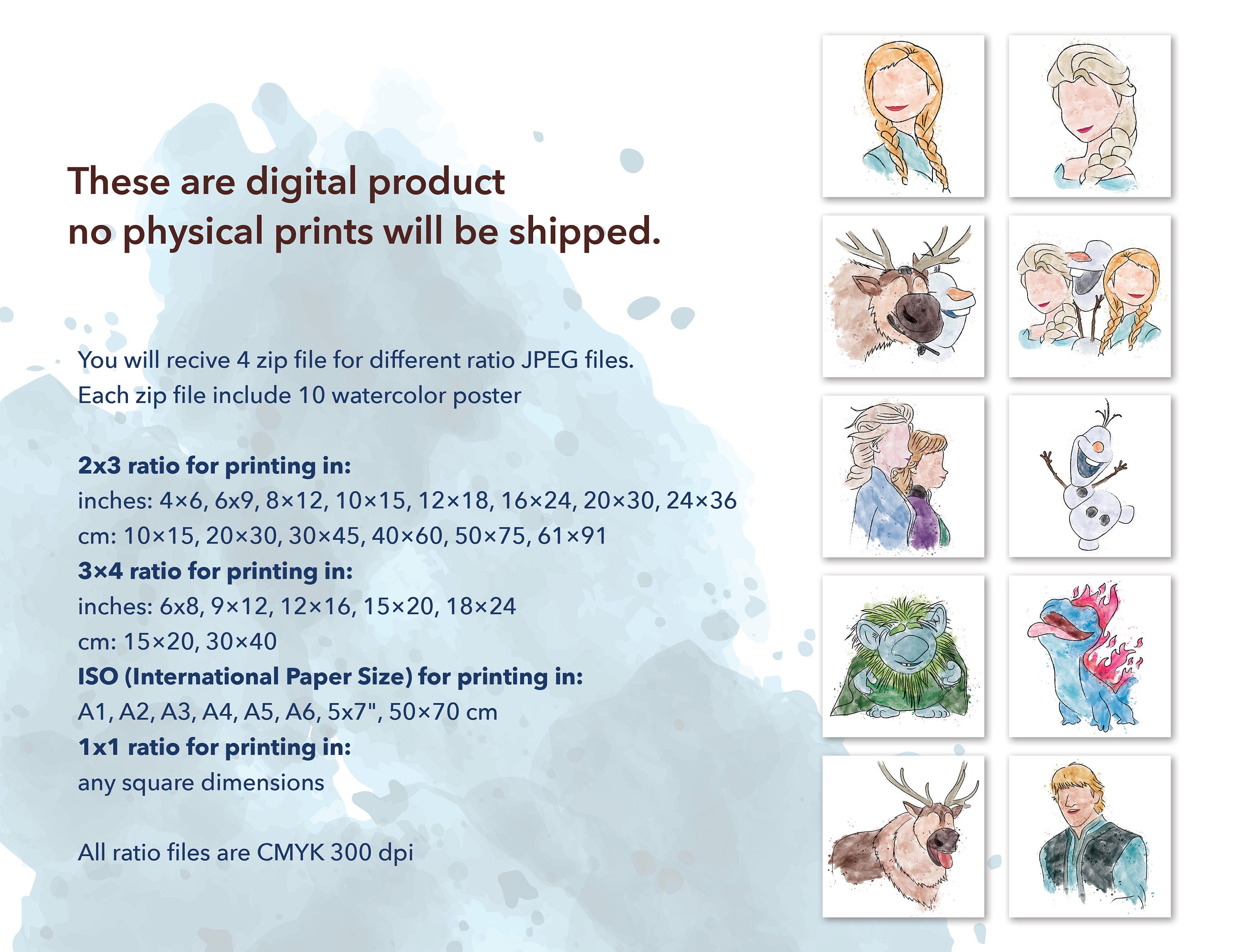 Anna, Elsa, Olaf Set of 10 Frozen Watercolor Art, Printable Wall Art ...