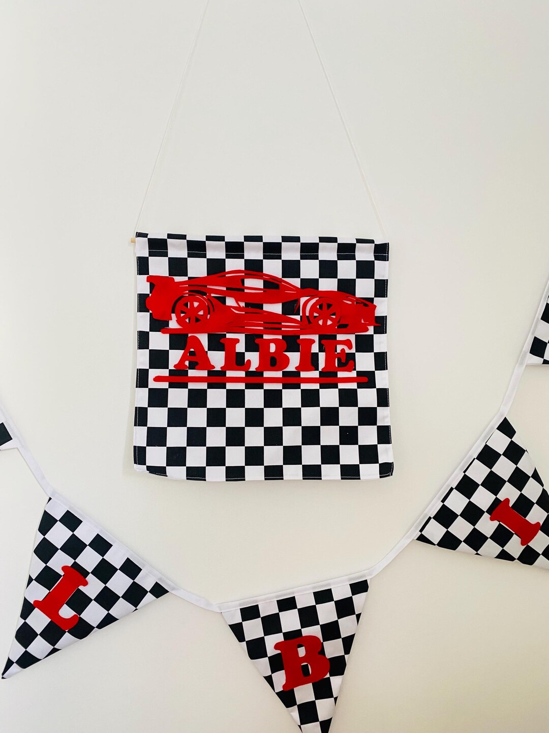 Racing Cars Pennant Flag With a Name, Checkered Flags, Boys Room Decor ...